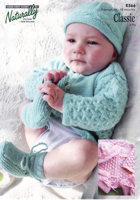 K566 Baby Jacket, Hat & Bootees Knitting Pattern 3ply | Knit World NZ